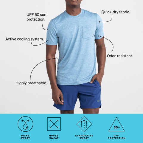 SAXX DROPTEMP ALL DAY COOLING S/SL POCKET TEE - WASHED BLUE HEATHER ...